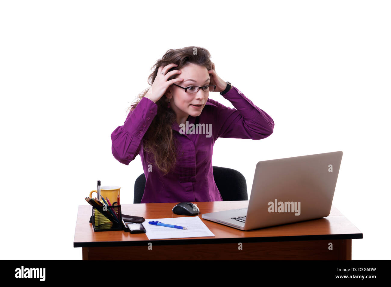 Stressed businesswoman at work isolated on white background studio shot ...