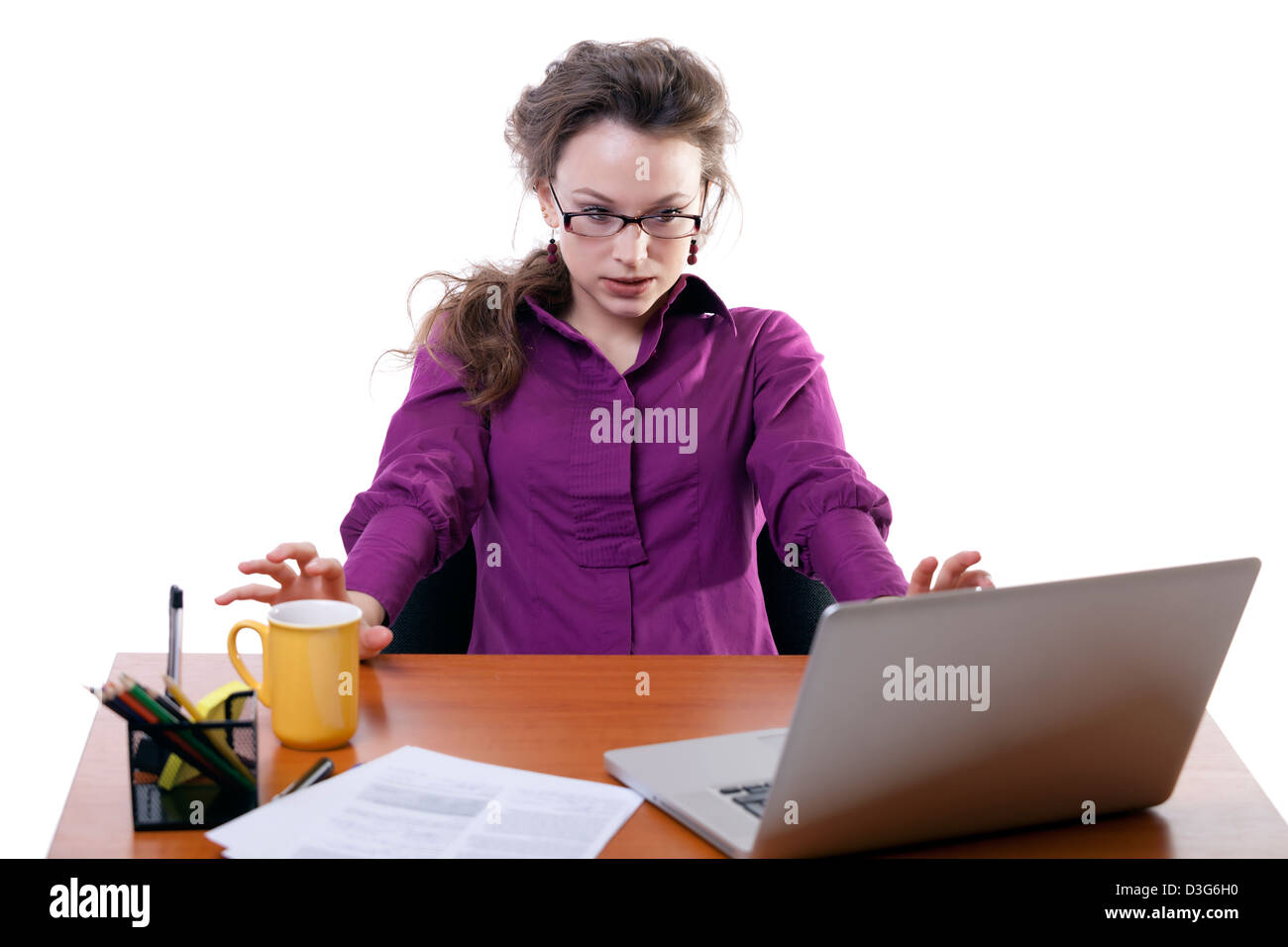 Stressed businesswoman at work isolated on white background studio shot ...