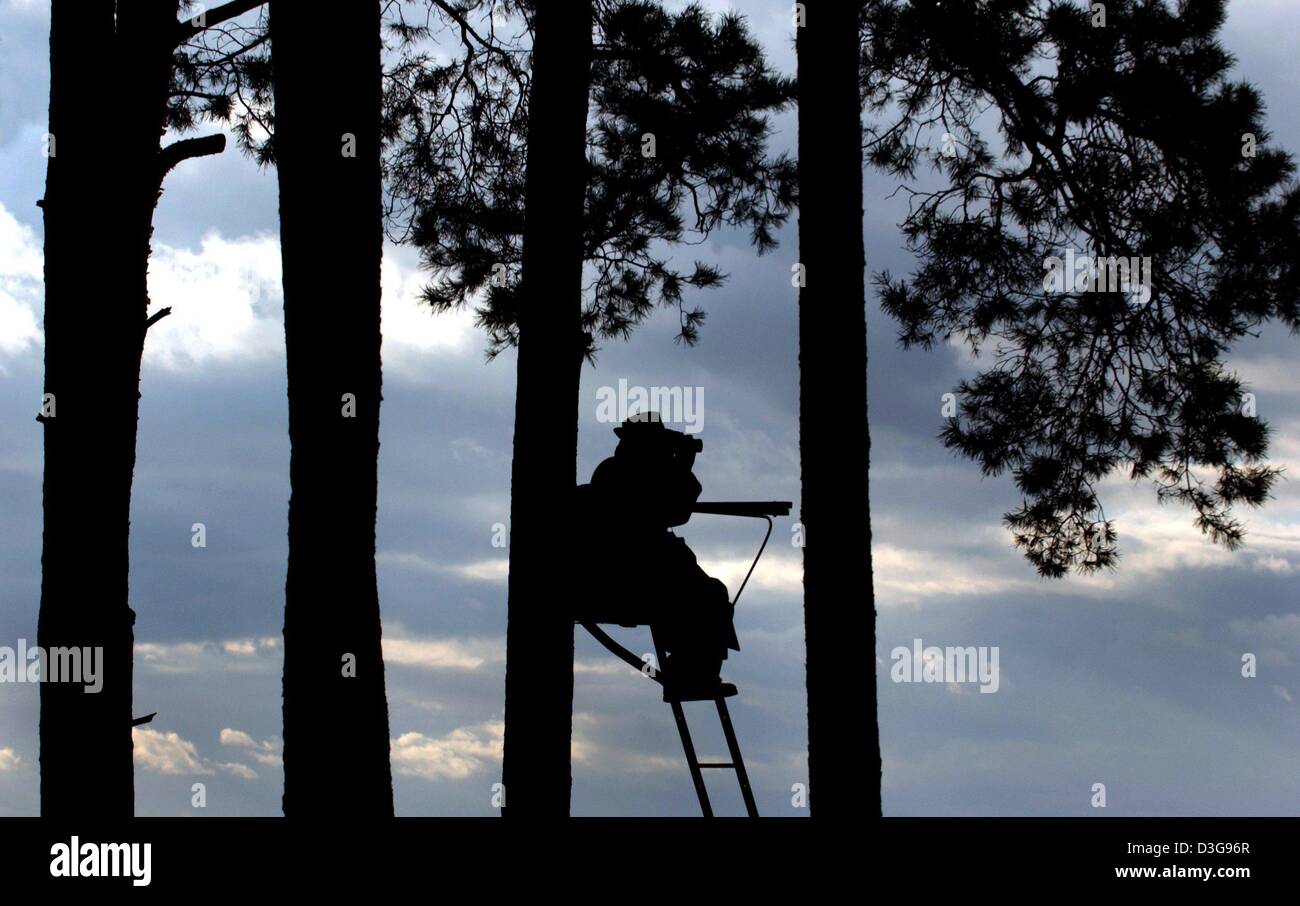 (dpa) - Under thick dark clouds the silhouette of a hunter sitting on a ...