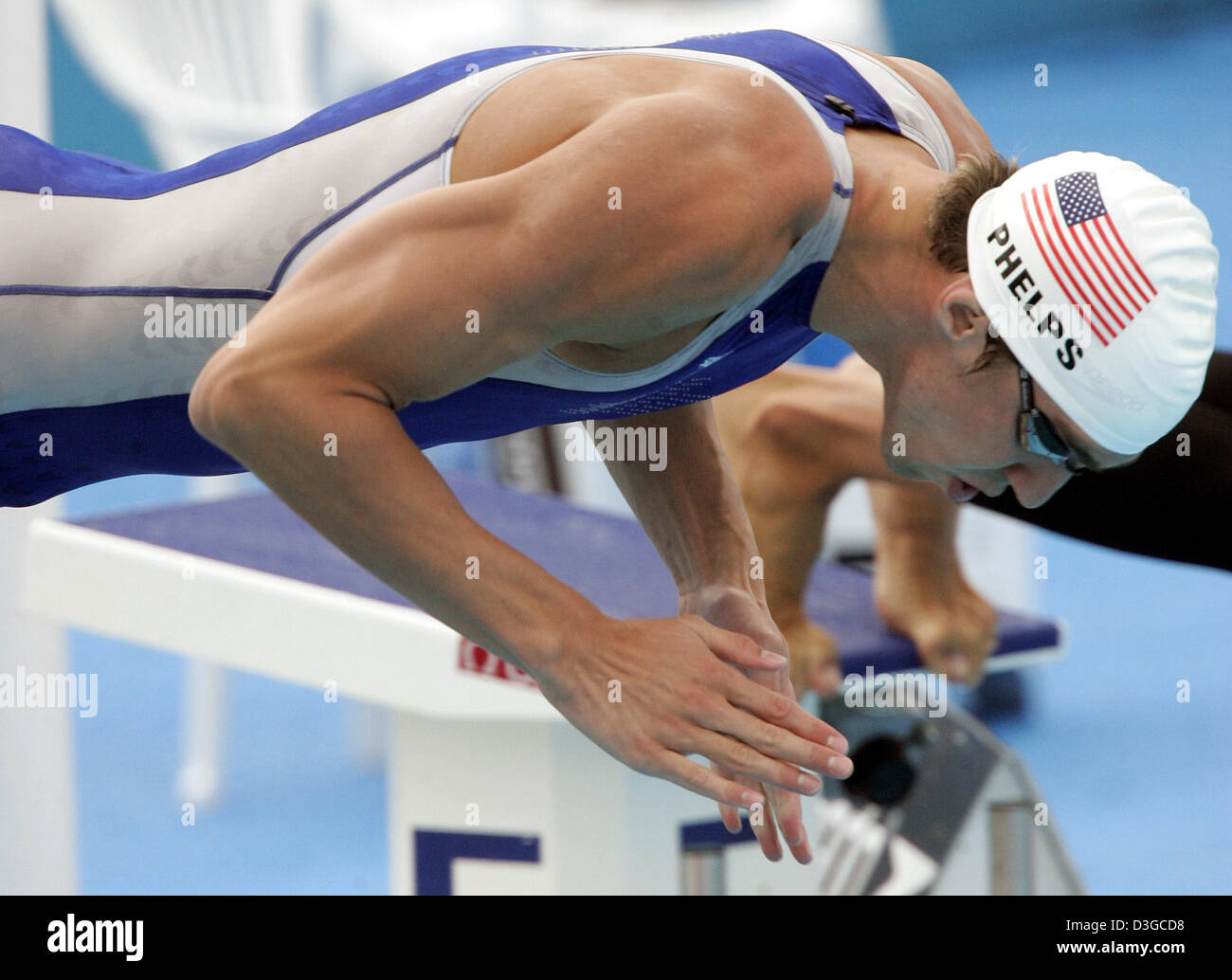 The picture shows US swimmer Michael Phelps during the start of his ...