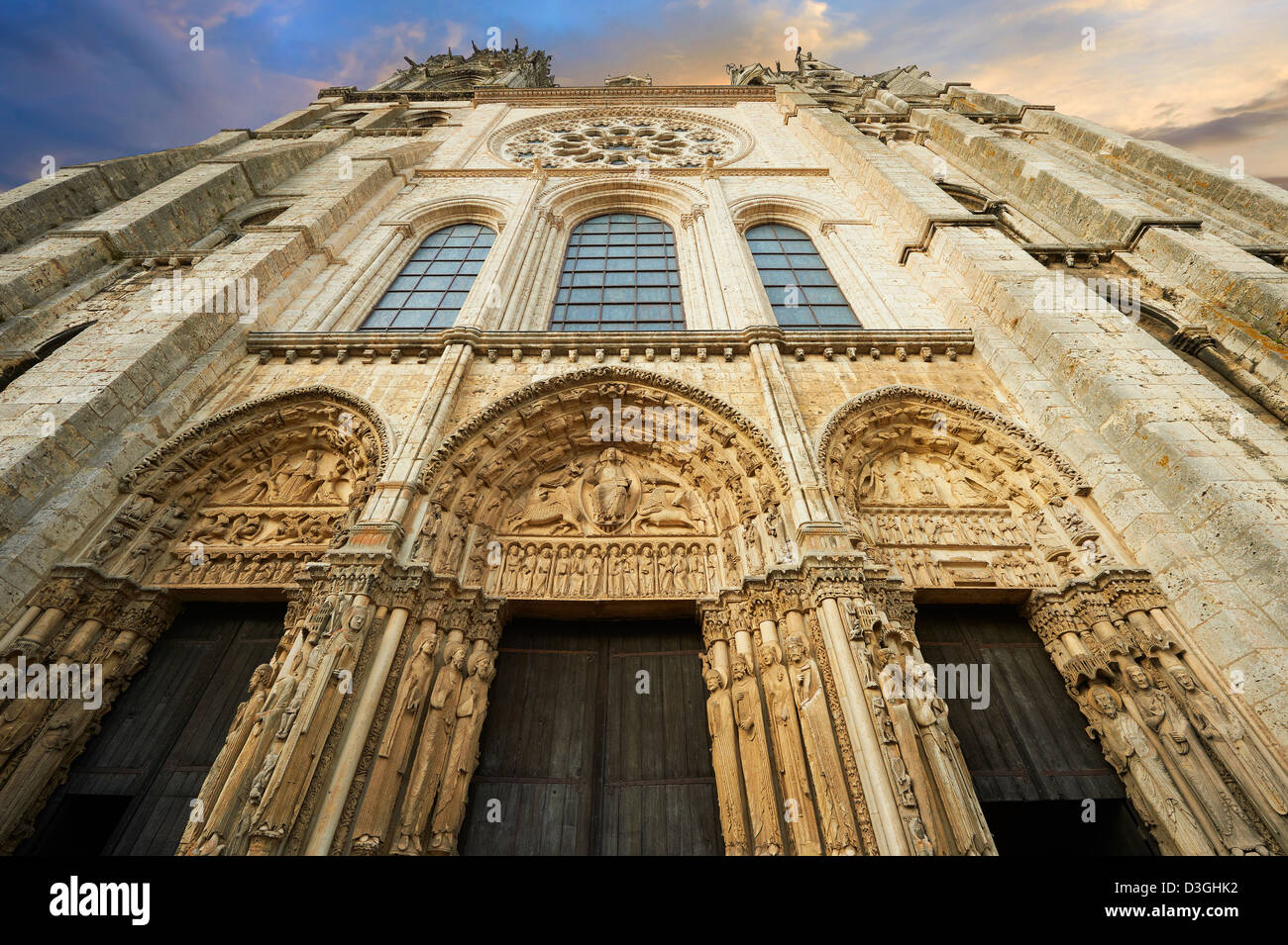 West facade with the Royal Portal of the gothic Cathedral of Notre Dame ...