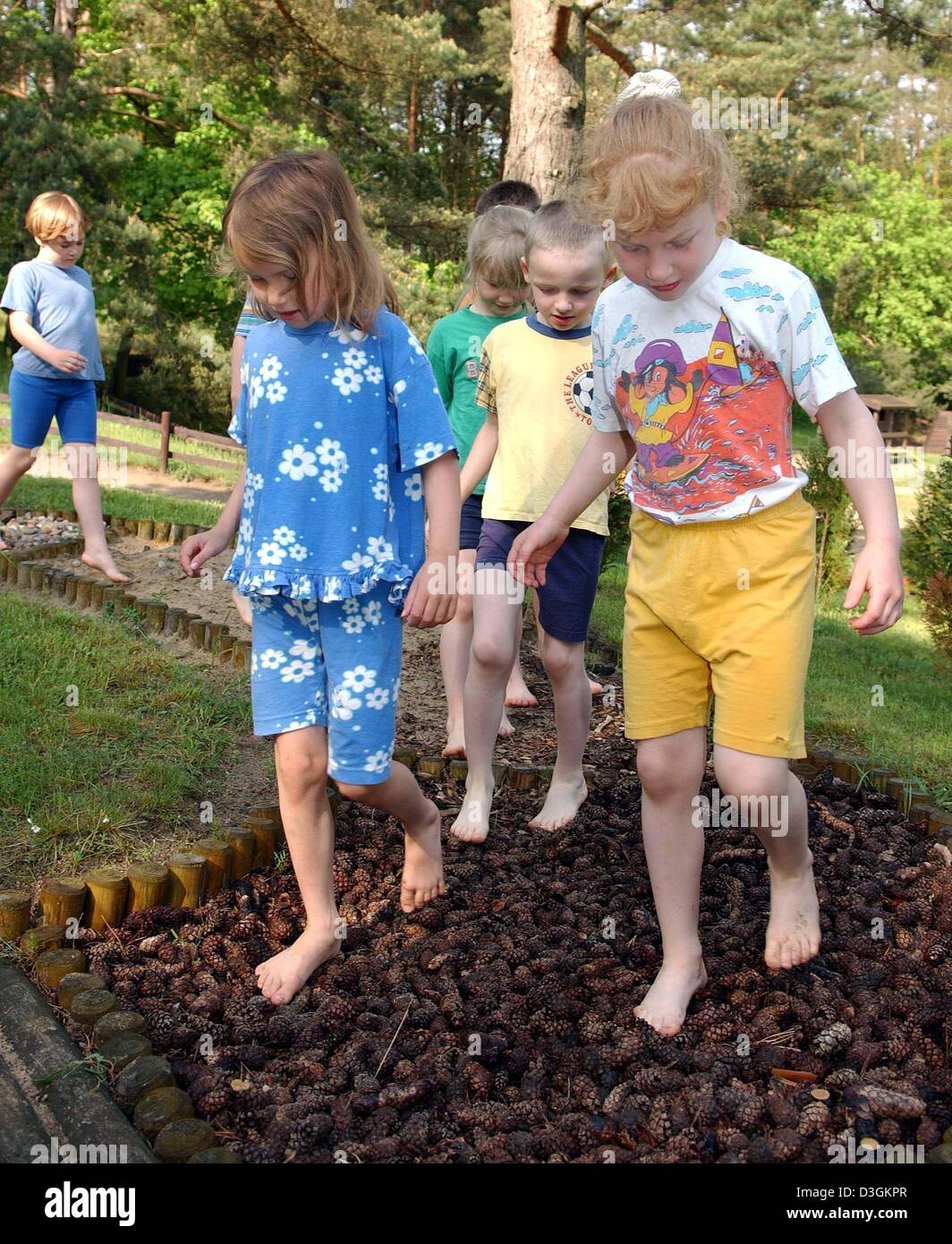 (dpa) - Kindergarten kids are walking barefoot along a Kneipp path, a ...