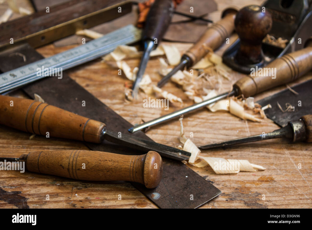 joiner tools,chisel and meter on wood table background Stock Photo - Alamy
