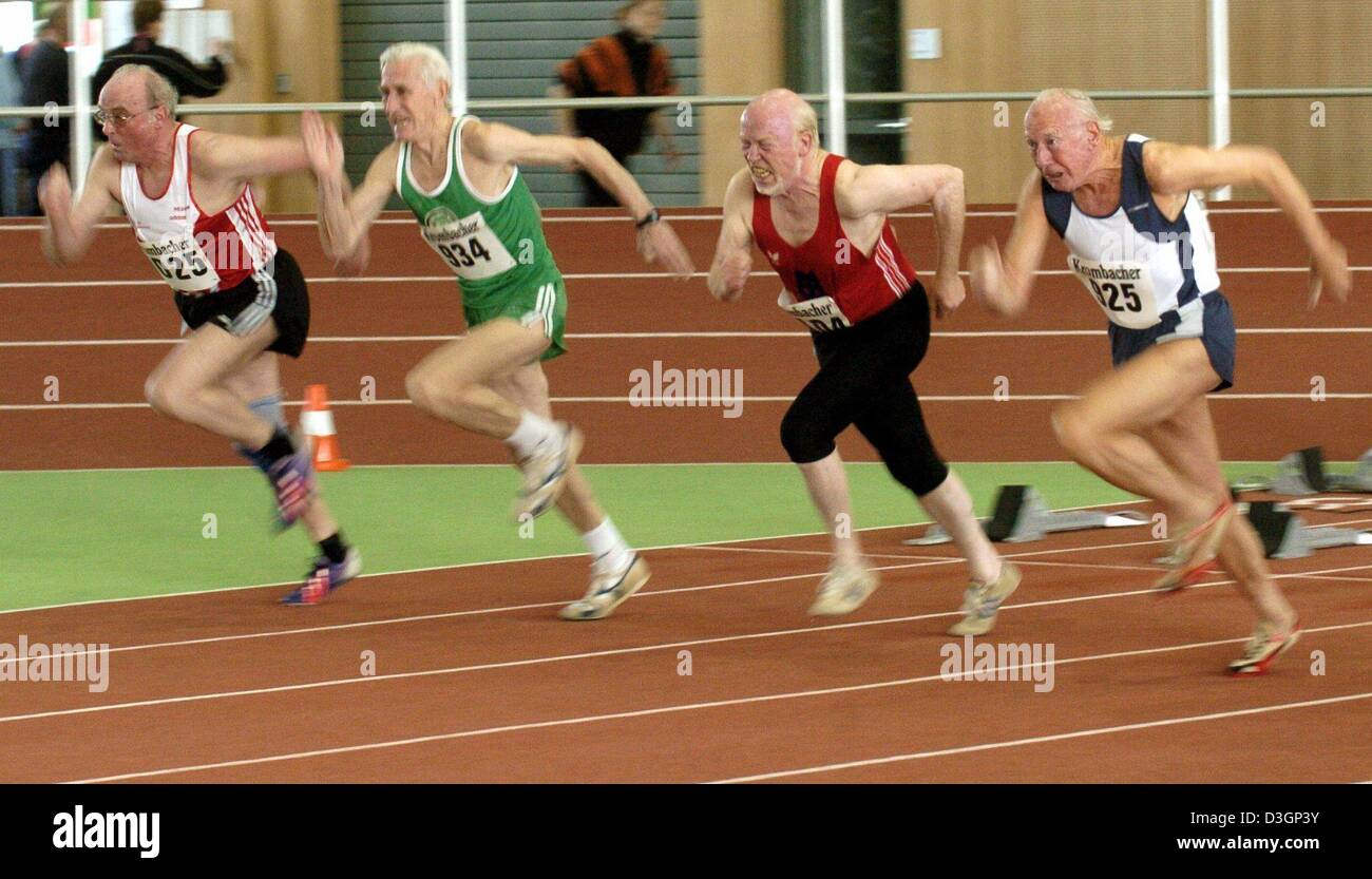 (dpa) - Four elderly men, in the 70 to 75 years age group, sprint along ...