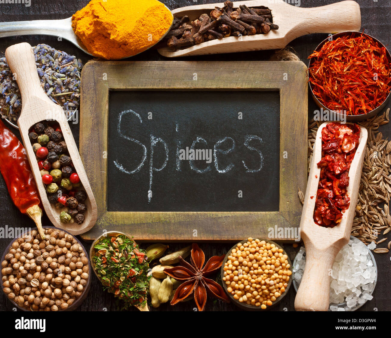 Colorful spices and herbs and chalk blackboard tag Stock Photo - Alamy