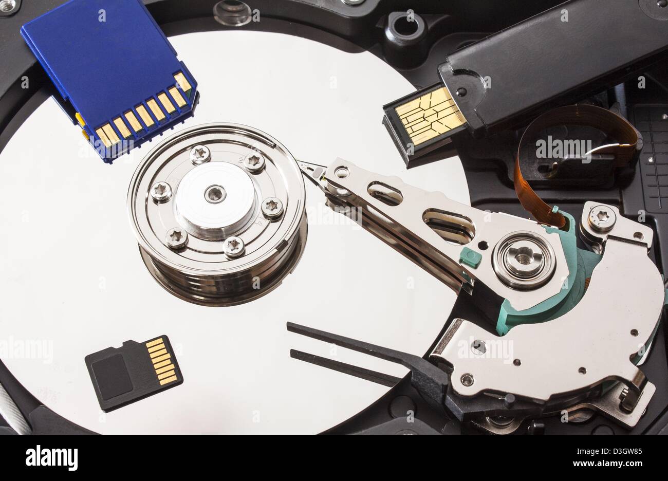 different media storage, open hard drive, sd card and pen Stock Photo ...