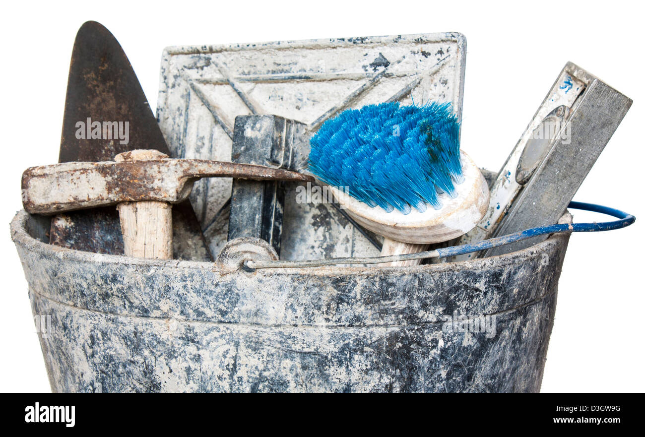 Construction masonry cement mortar tools on bucket,isolated Stock Photo ...