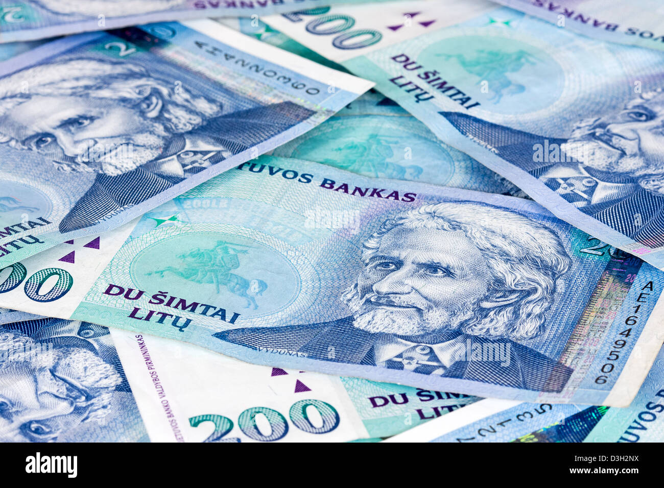 Lithuanian currency background. Close-up image of two hundred litas ...