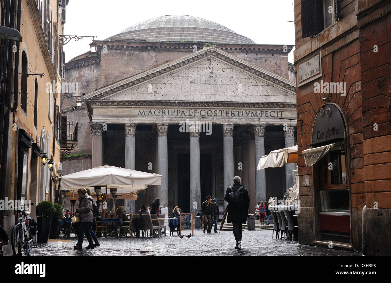 The Pantheon in Rome viewed on a rainy day from a side street Stock ...