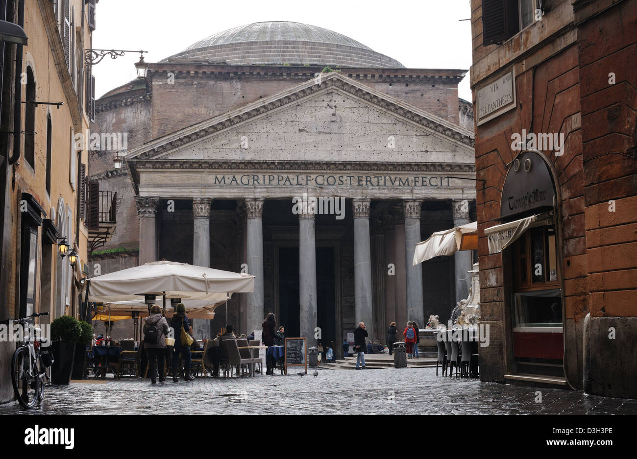 The Pantheon in Rome viewed on a rainy day from a side street Stock ...