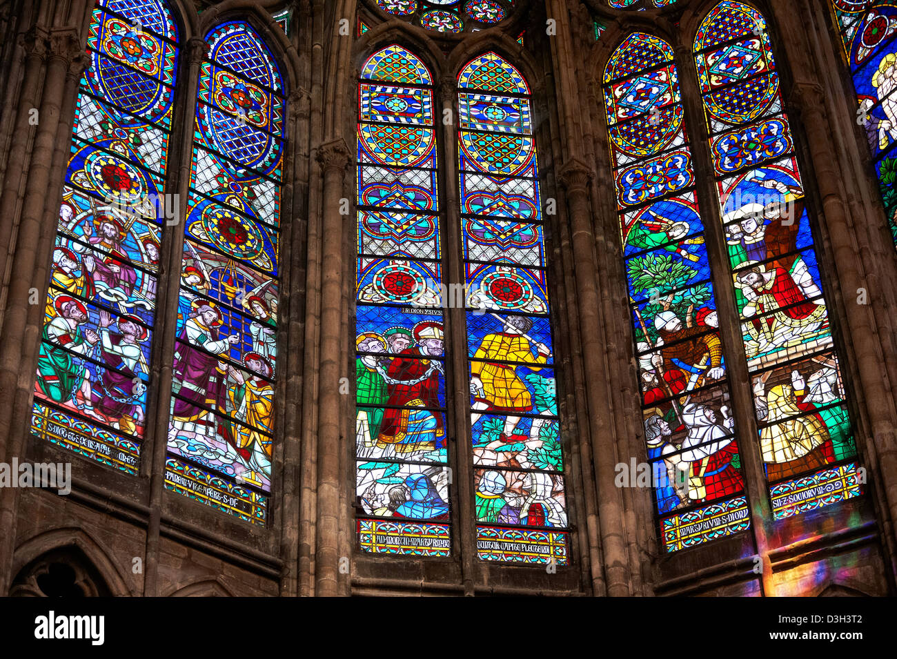 Medieval Gothic stained glass window showing the Kings of France. The ...