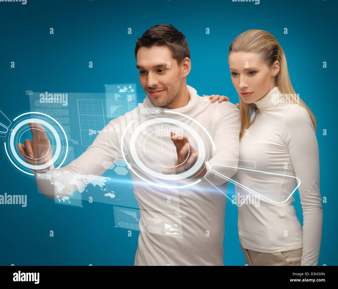 man and woman working with virtual screens Stock Photo - Alamy