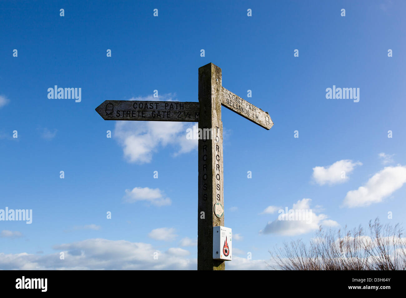 Signpost directing walkers along the south west coastal path to Strete ...
