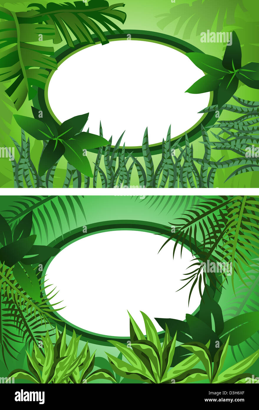 Two background illustrations of tropical forest with frame for text ...