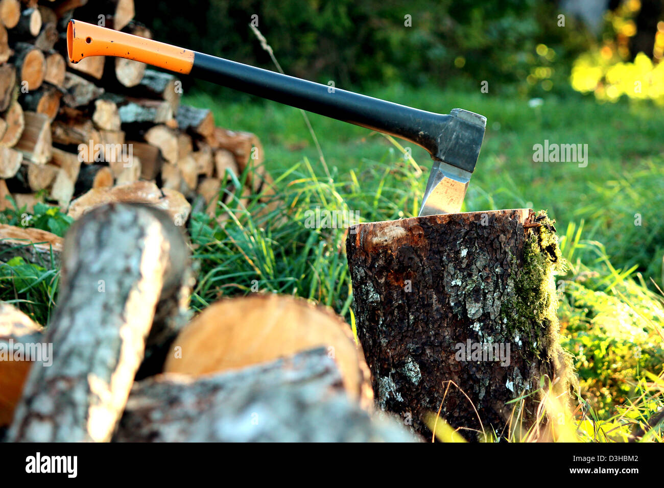 Axe in stump Stock Photo - Alamy