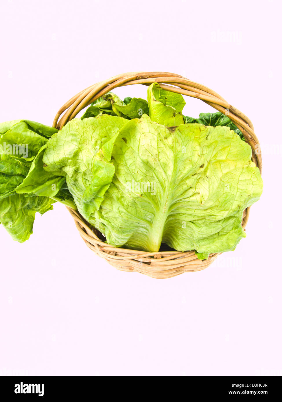 Fresh cos salad in ratten basket isolated on white background Stock ...
