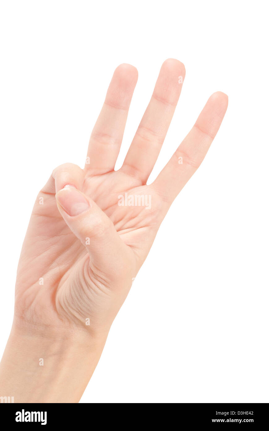 Female hands counting number three isolated on white Stock Photo - Alamy