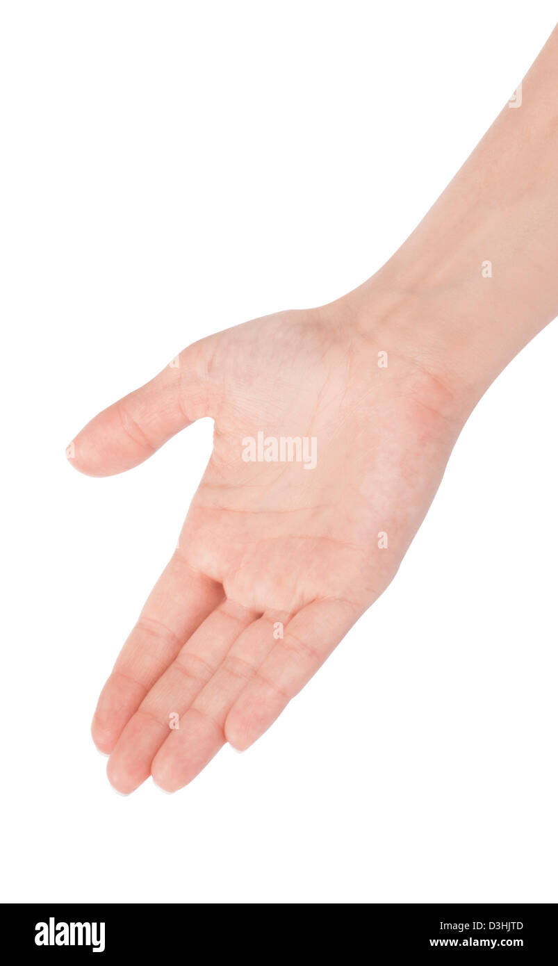 Empty open woman hand on white background Stock Photo - Alamy