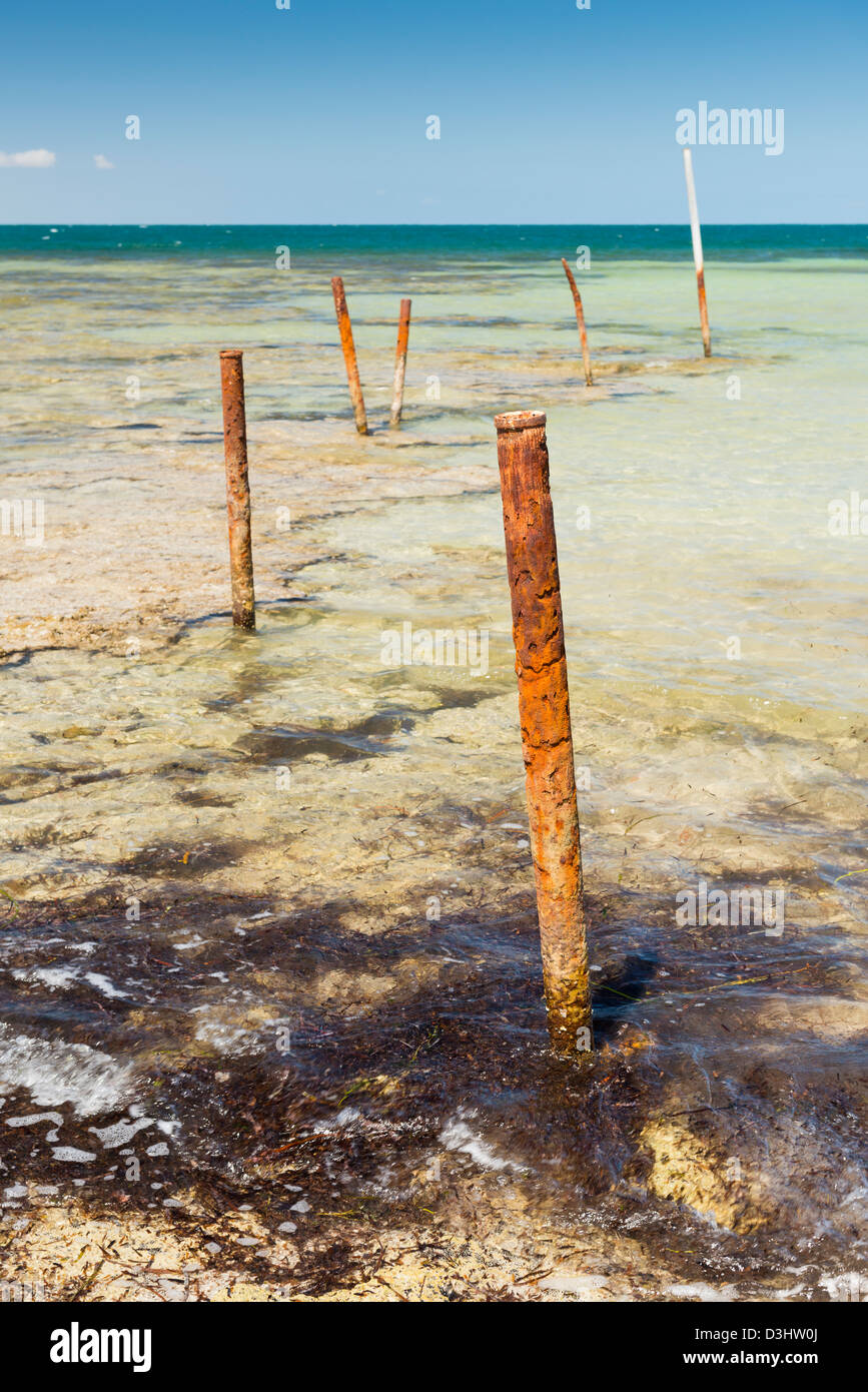 Rusting metal poles stick out of the ocean with blue sky behind Stock ...