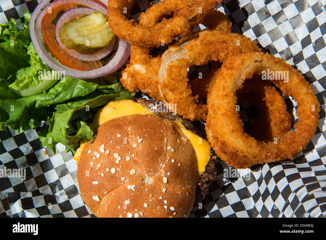 Hamburger and onion rings Stock Photo - Alamy