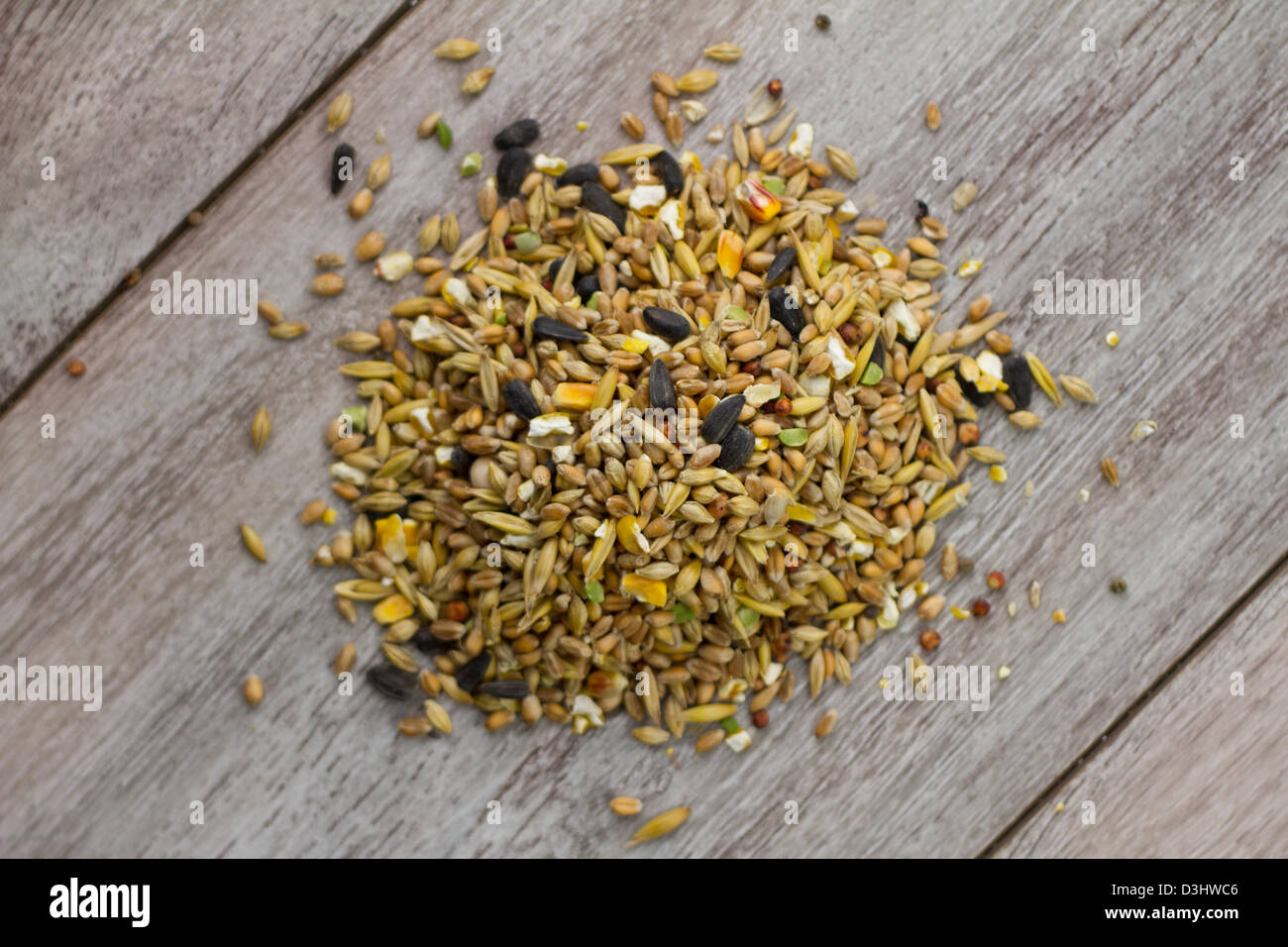 Bird Seed Pile on Wood Stock Photo - Alamy