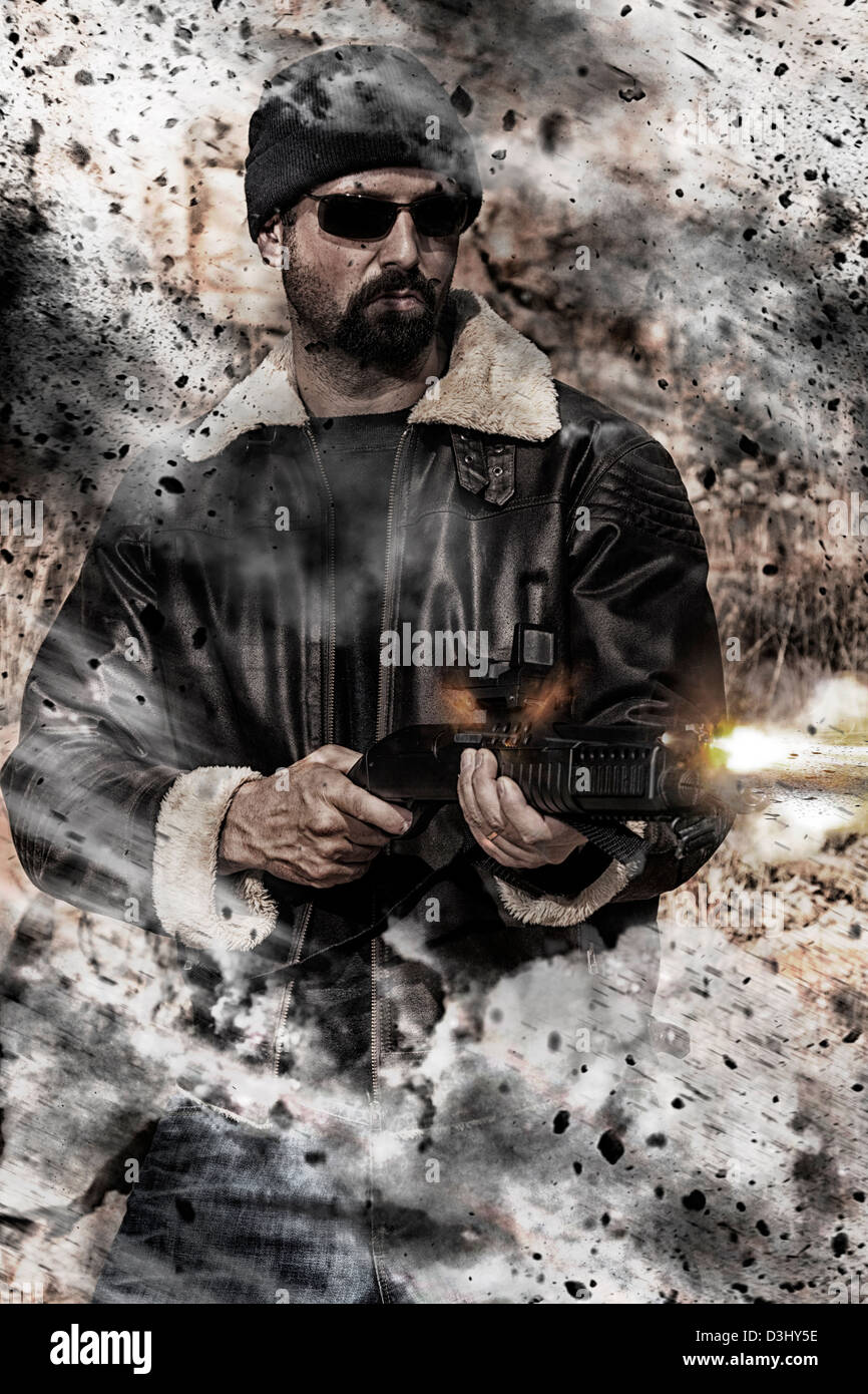 View of a man firing a shotgun in an action scene Stock Photo - Alamy