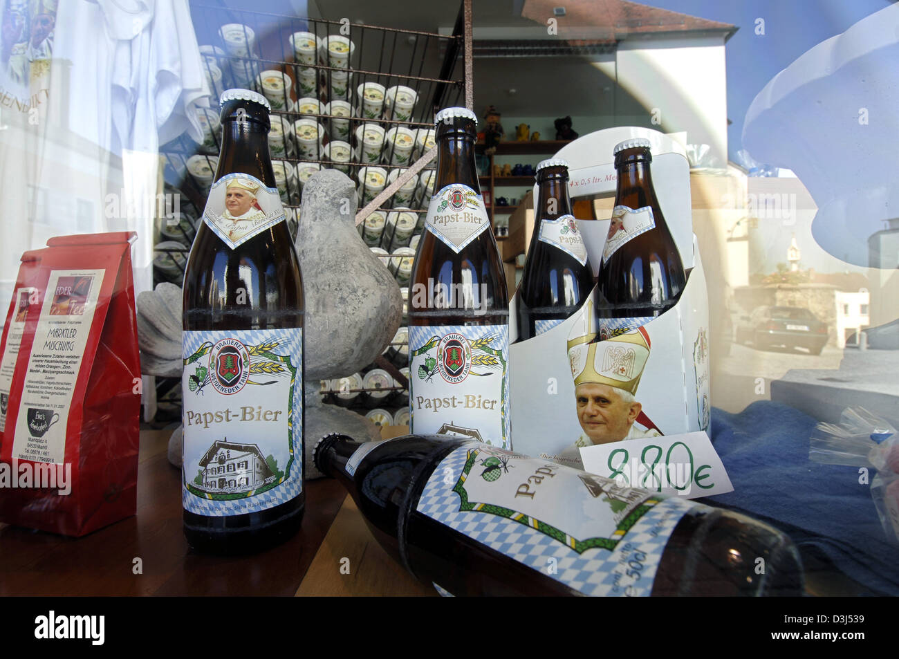 (dpa) - Pope beer is offered in a shop window in Marktl am Inn, Germany ...