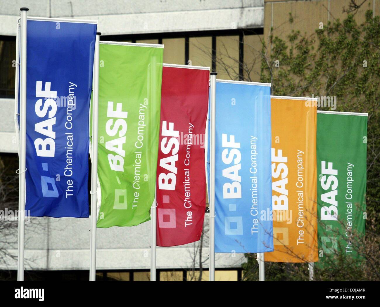 (dpa) - Colourful flags, featuring the new logo of BASF chemical group ...