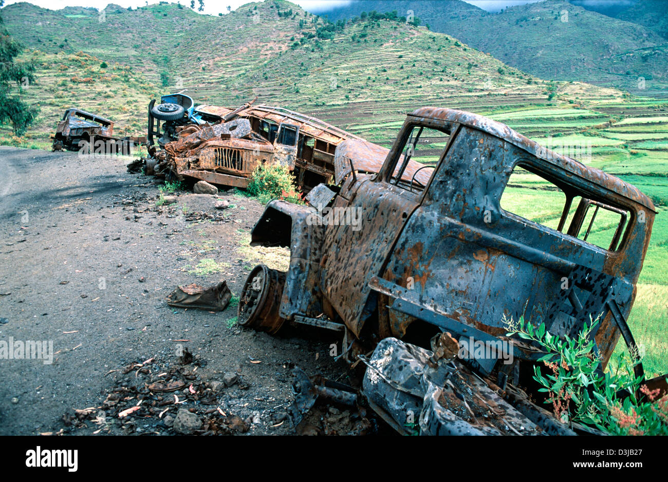 Roadside remains of a Derg army convoy destroyed during the civil war ...