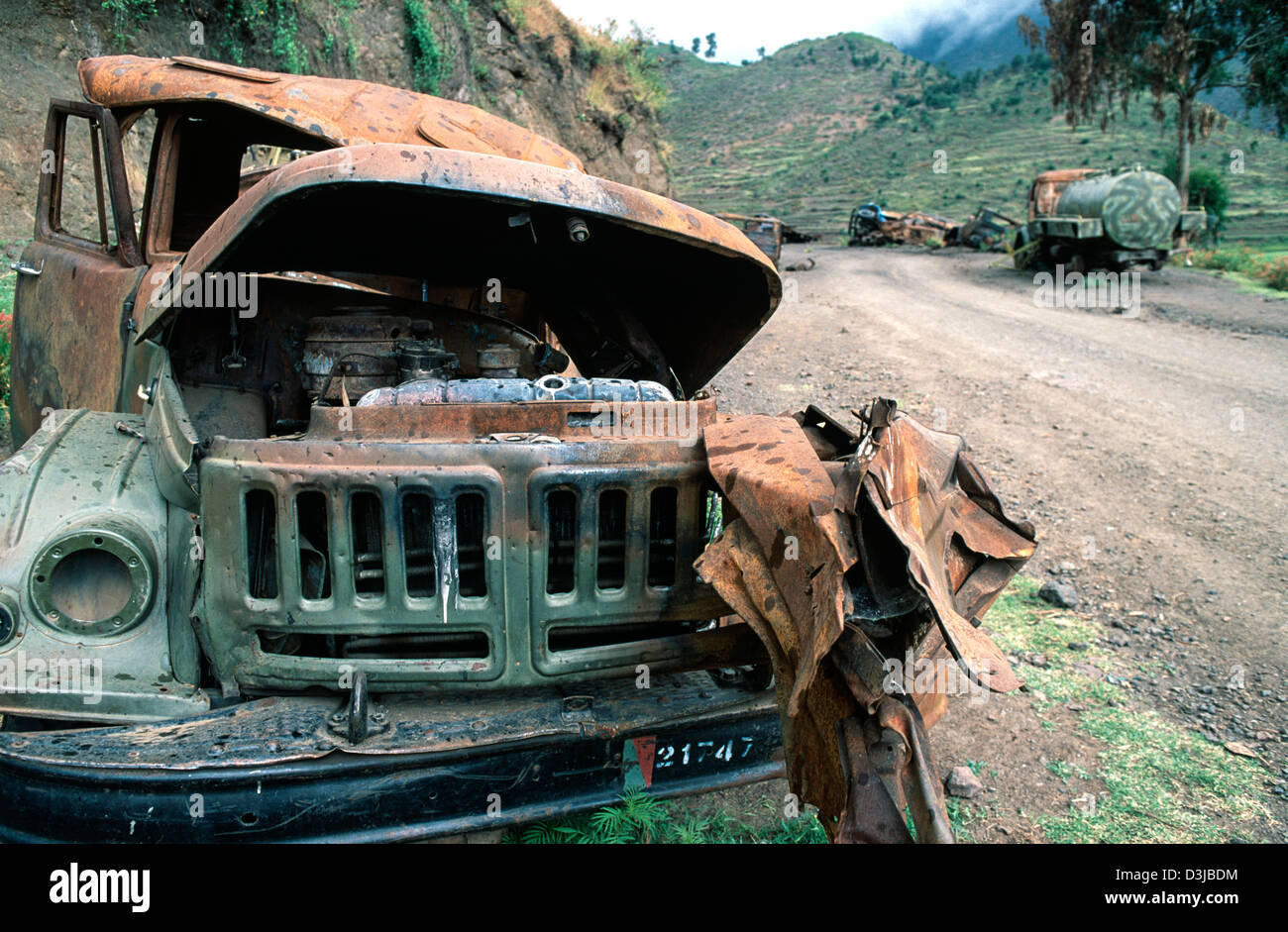 Roadside remains of the trucks from a Derg army convoy destroyed during ...