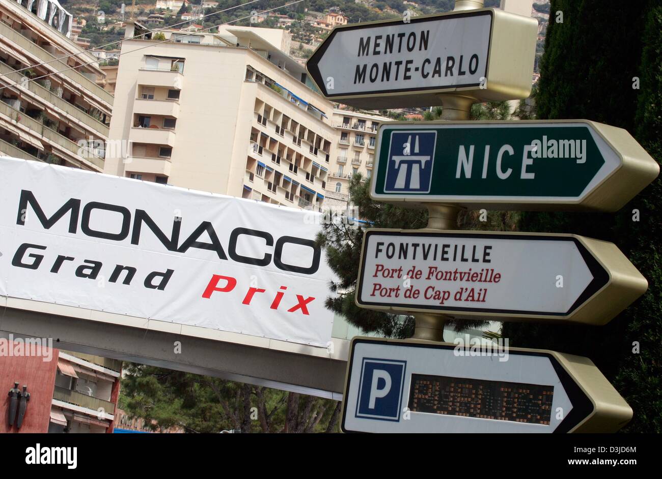 (dpa) - The picture shows a part of the skyline of Monaco, roadsigns ...