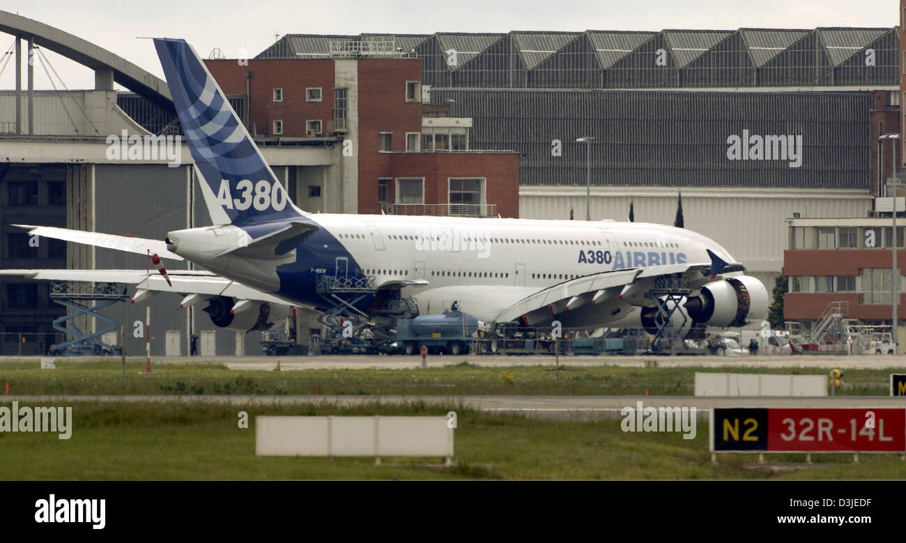 (dpa) - The prototype of the Airbus A380 stands parked near the runway ...