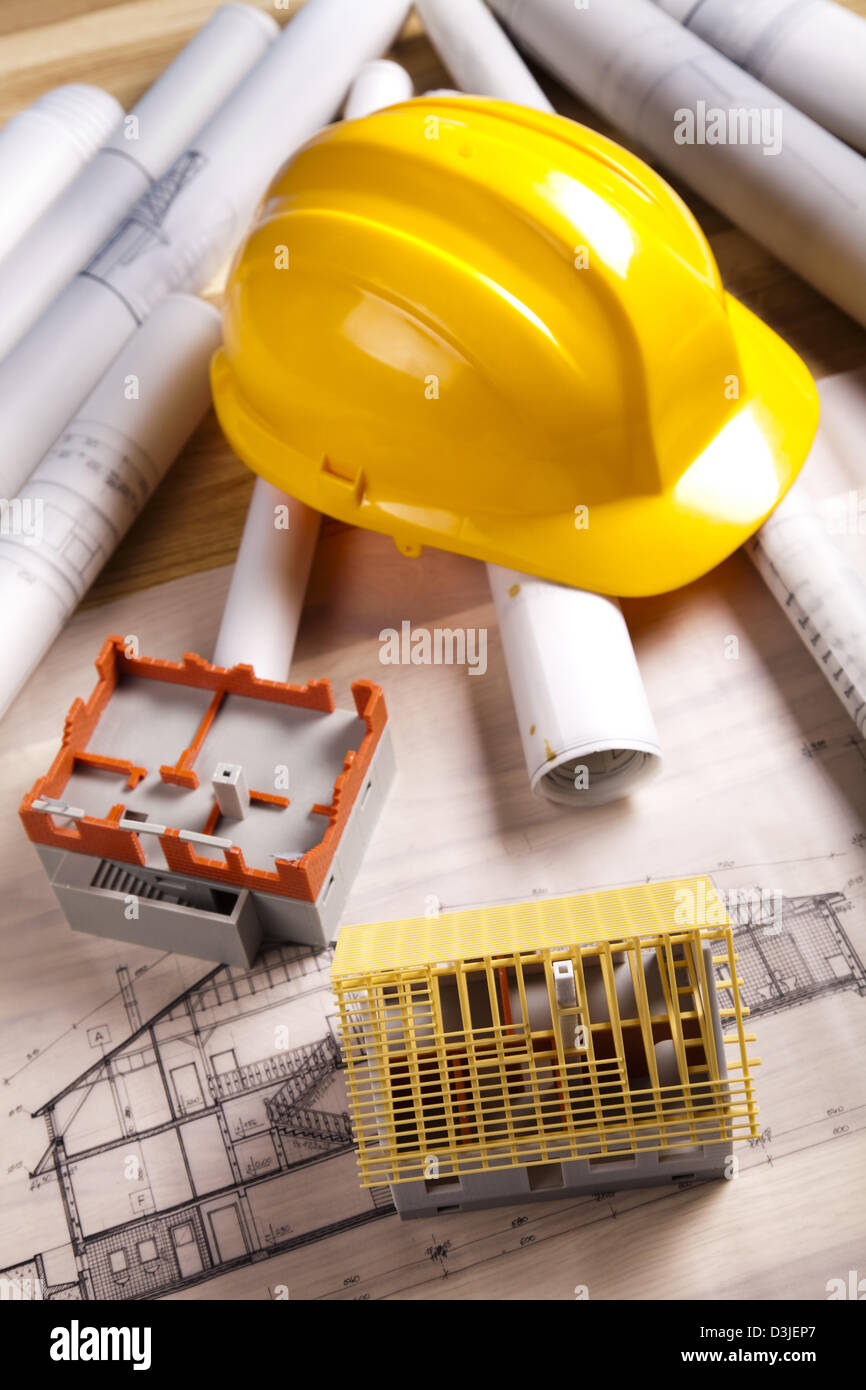 Architectural plans of house and hard hat Stock Photo - Alamy