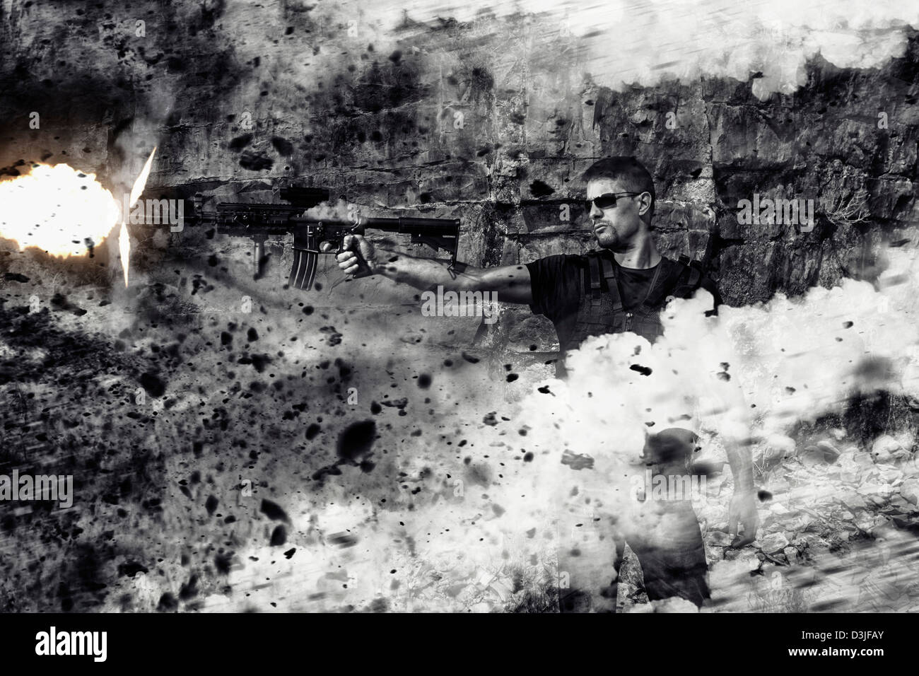 View of a menacing man firing a machine gun in an action scene with ...