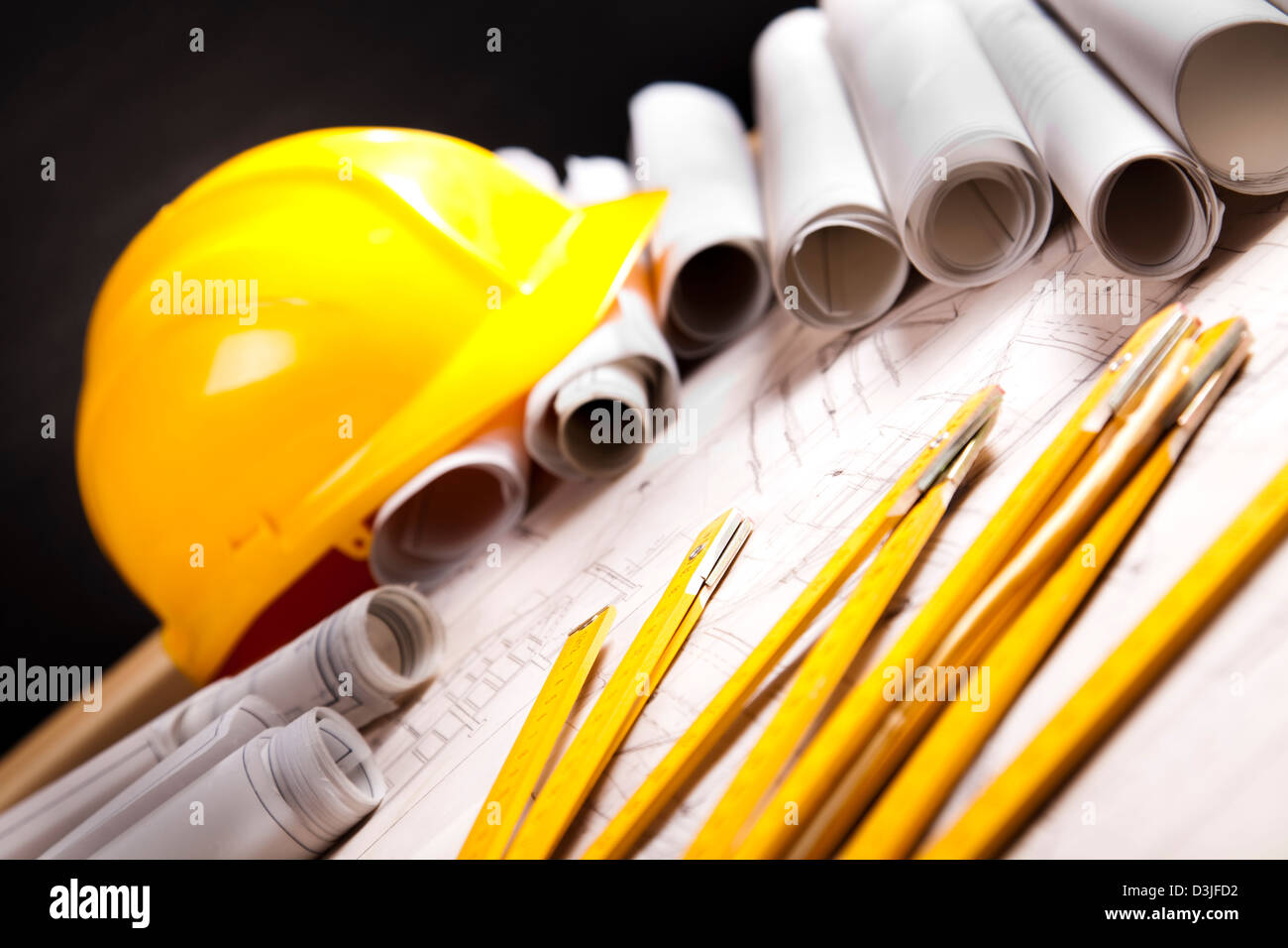 Architectural plans of house and hard hat Stock Photo - Alamy