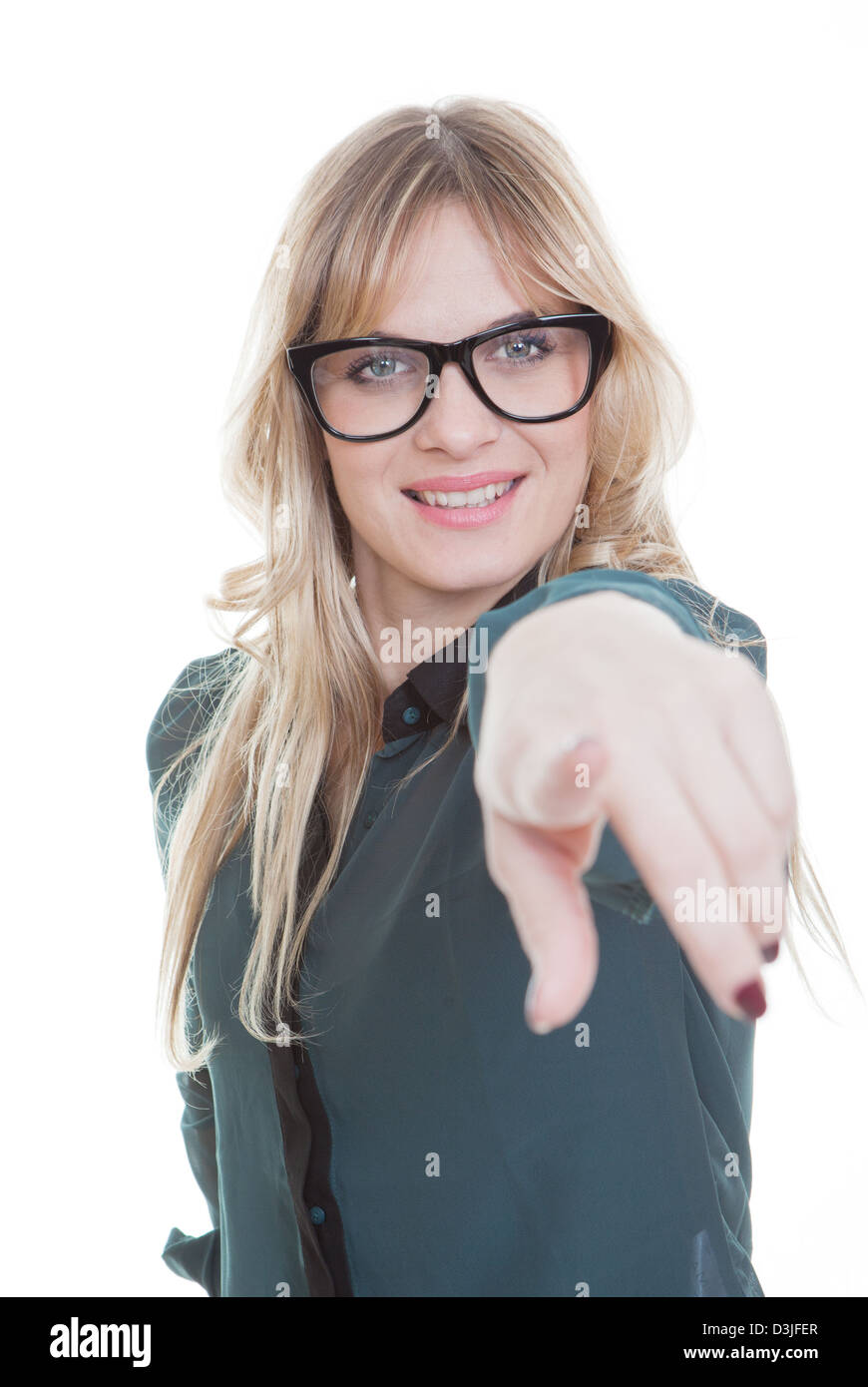 business woman pointing finger showing or demonstrating Stock Photo - Alamy
