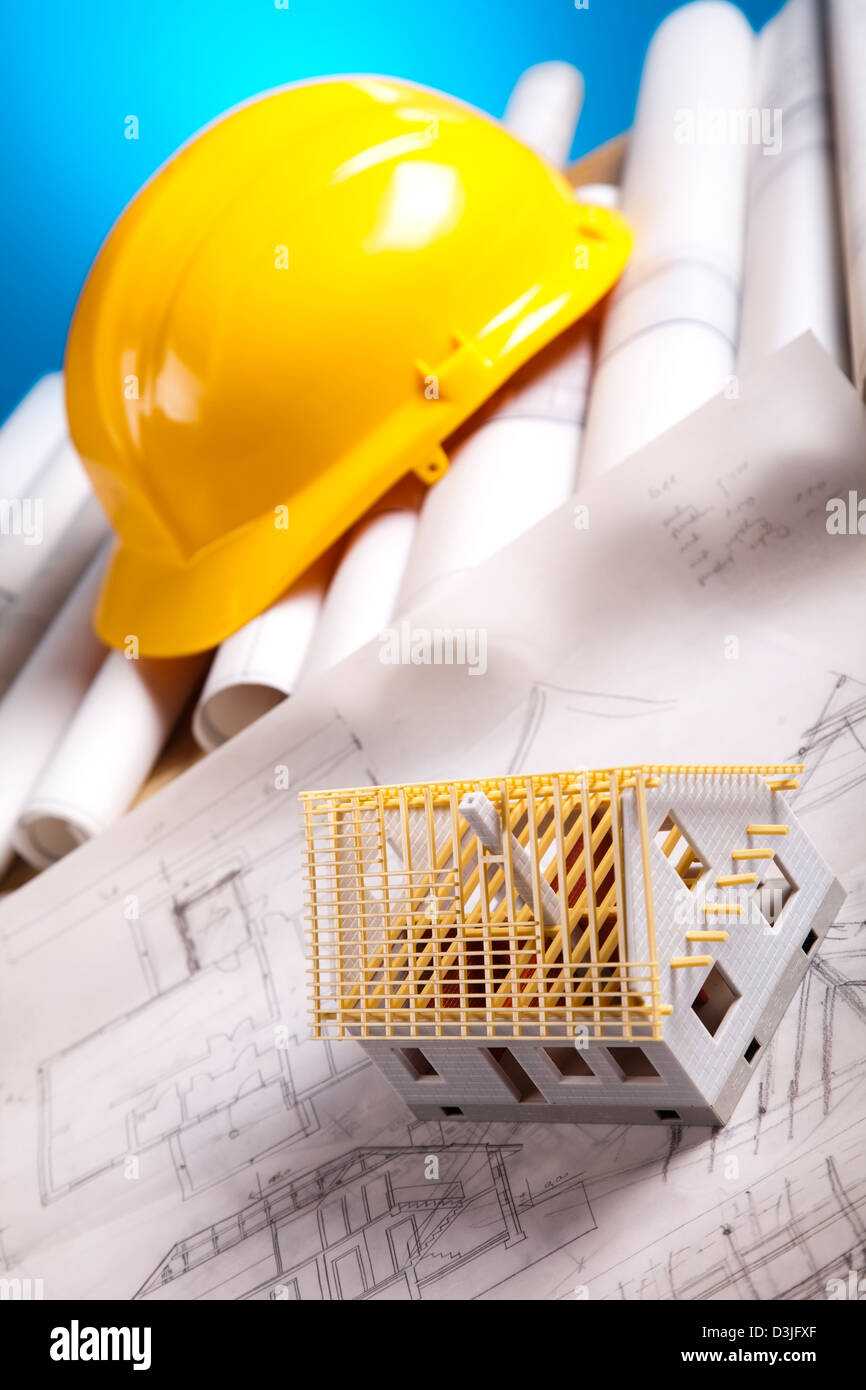 Architecture plans,house project and yellow hard hat Stock Photo - Alamy