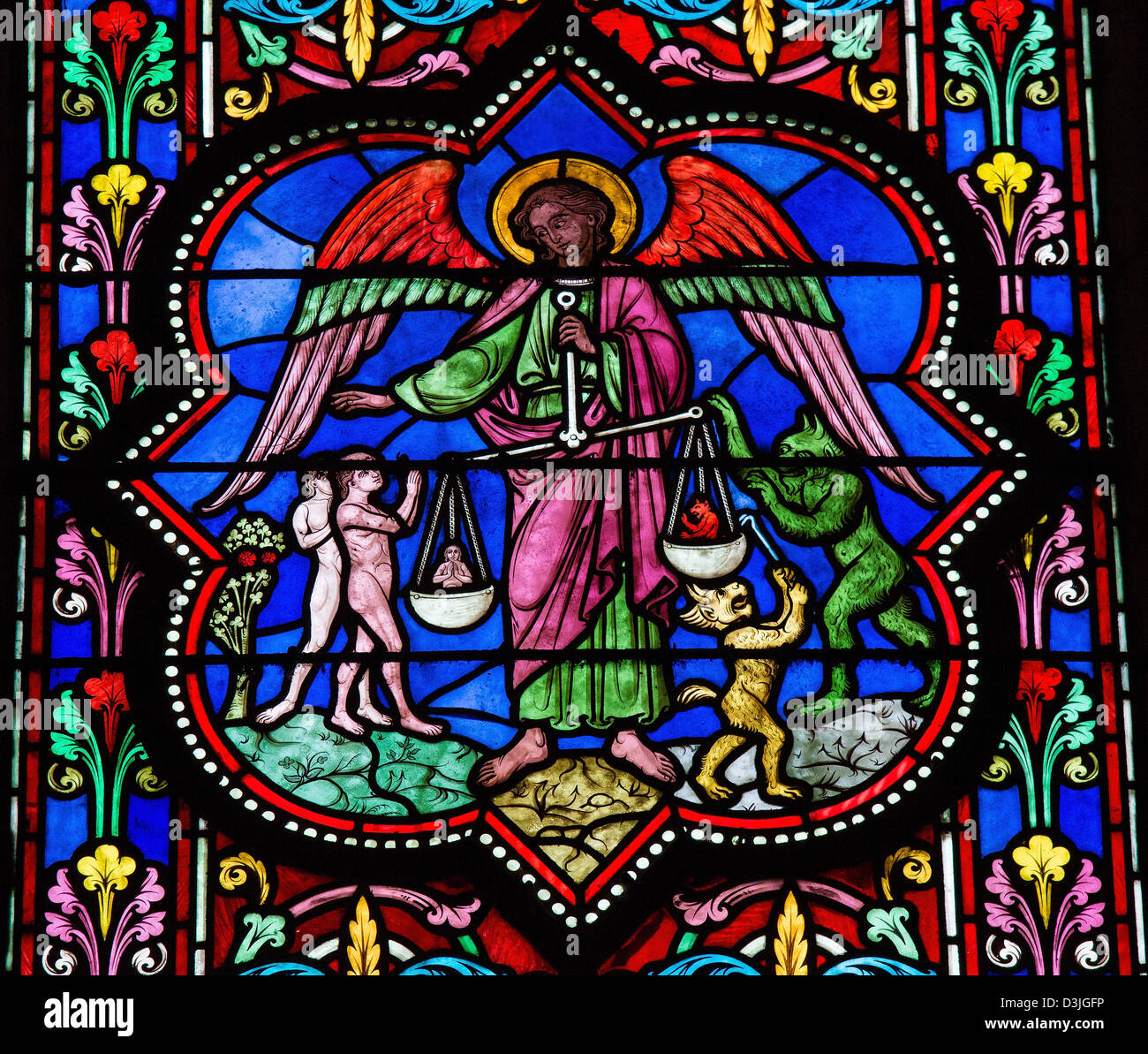 Stained glass window depicting Saint Michael the Archangel at the Final ...