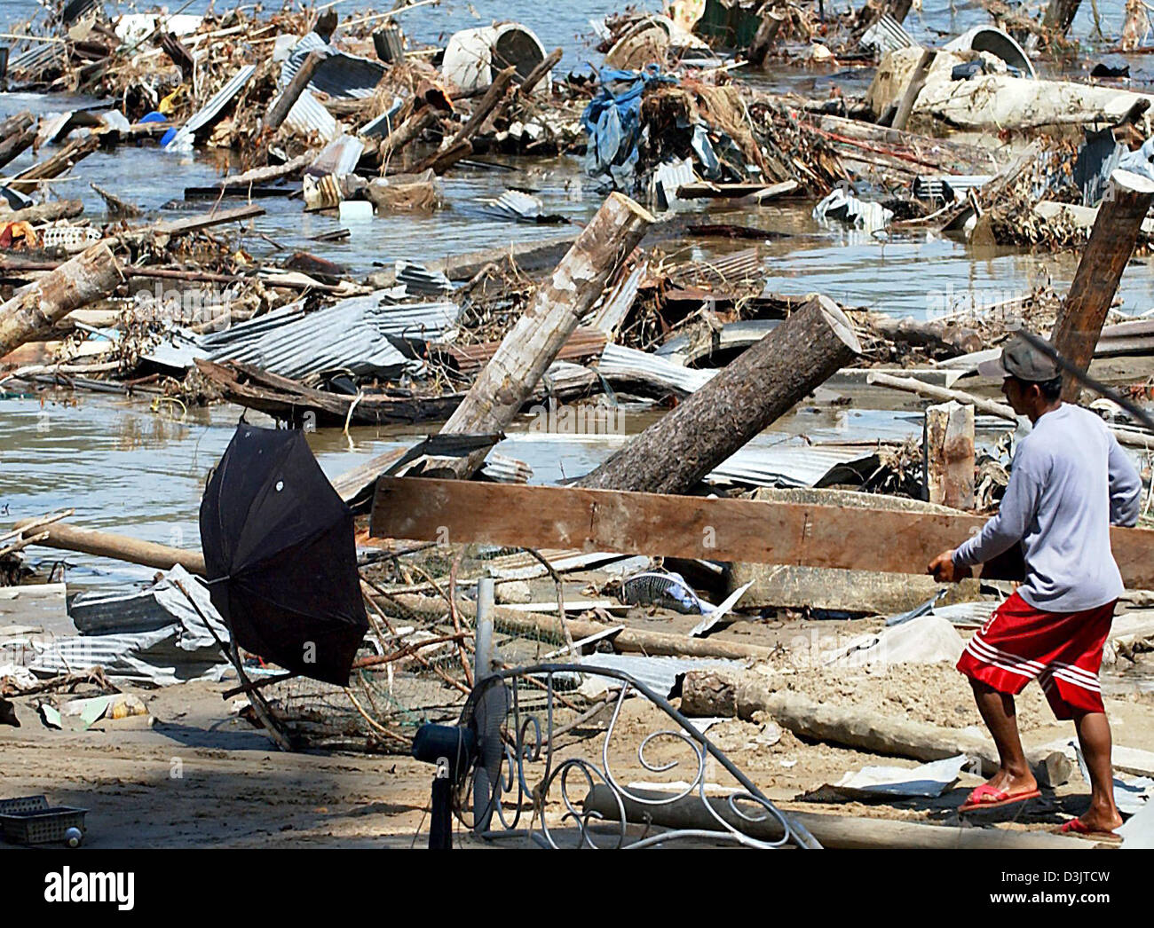 (dpa) - A man carries a wooden slat from the ruins of a destroyed ...