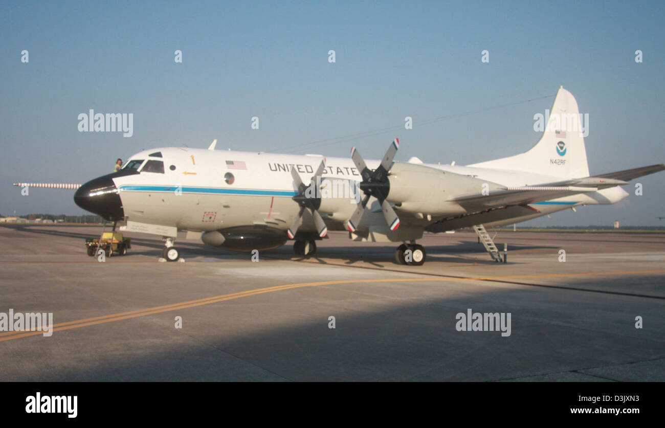 The NOAA WP-3D Orion aircraft is prepared for its research flight over ...