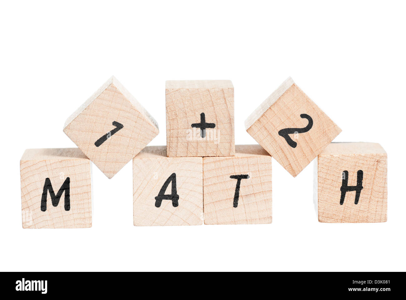 Word maths with a sum written using wooden blocks. White background ...