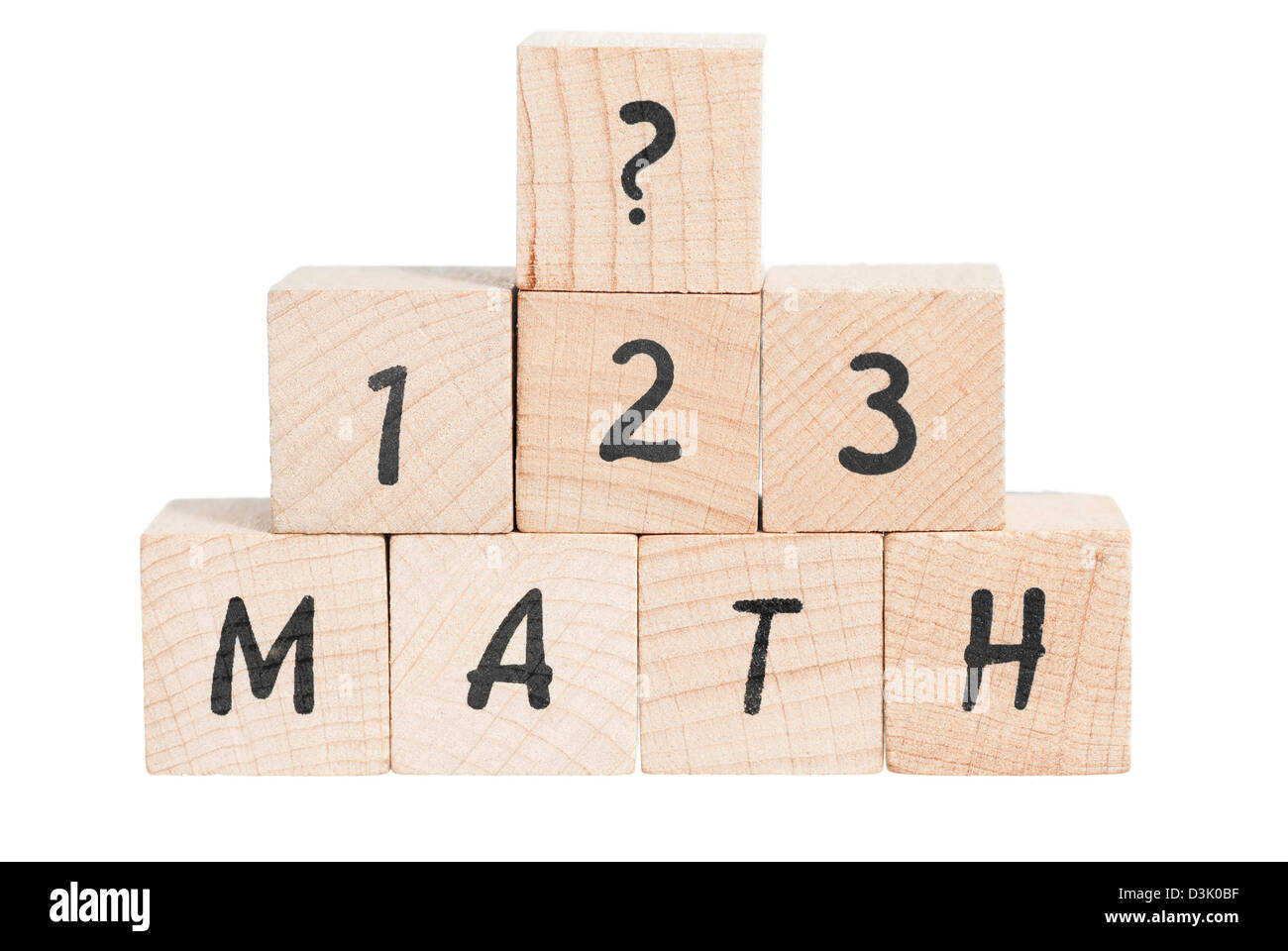 Word maths with a sum written using wooden blocks. White background ...