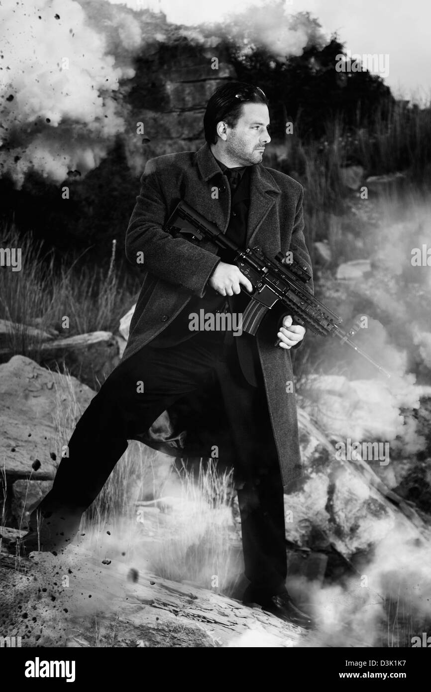 View of a contracted type killer agent wandering with a long jacket and ...