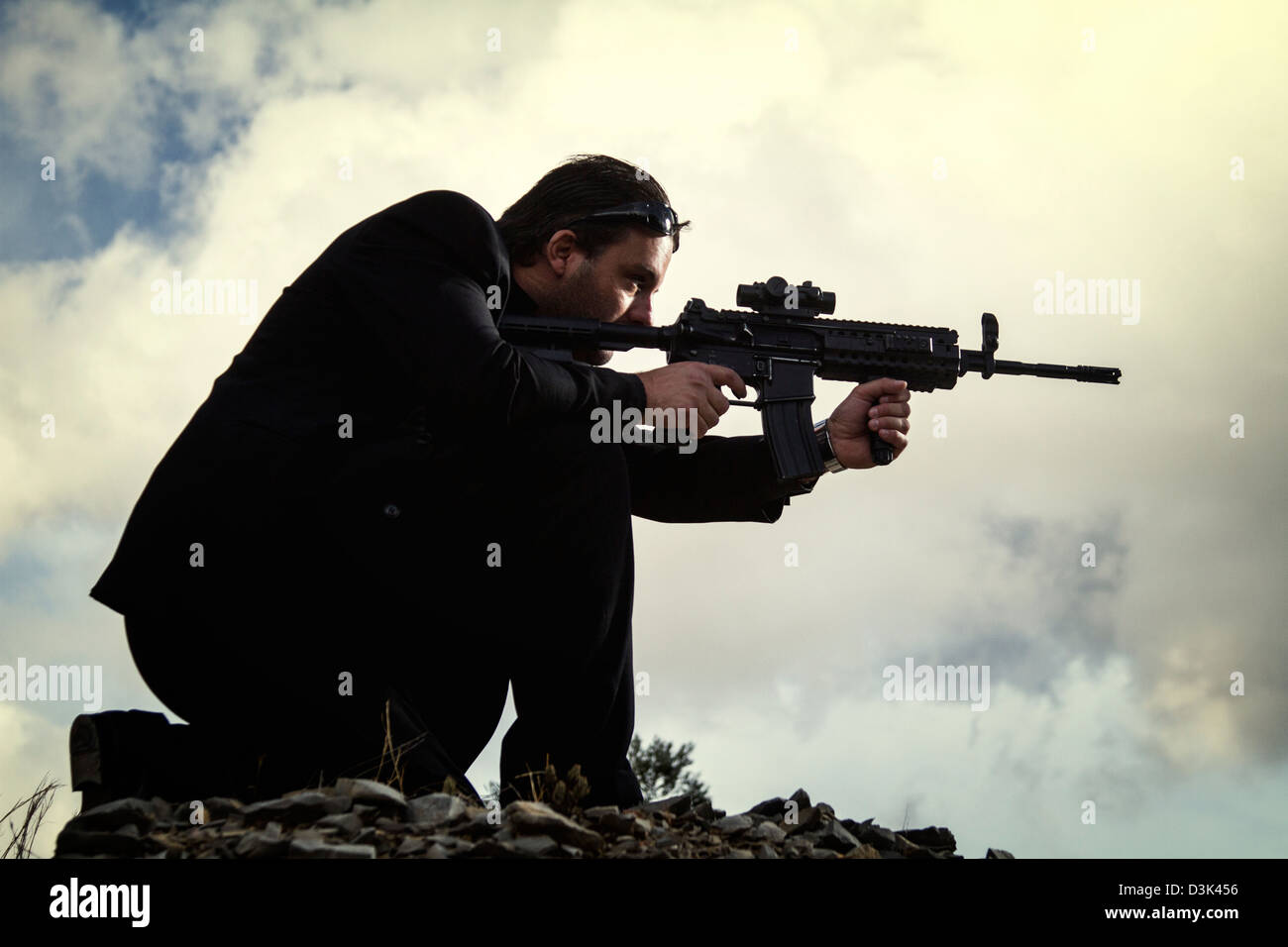 View of a contracted type killer agent wandering with a long jacket and ...