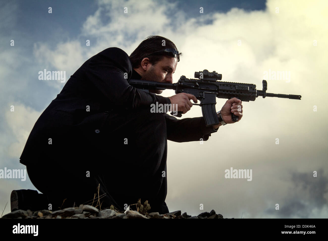 View of a contracted type killer agent wandering with a long jacket and ...