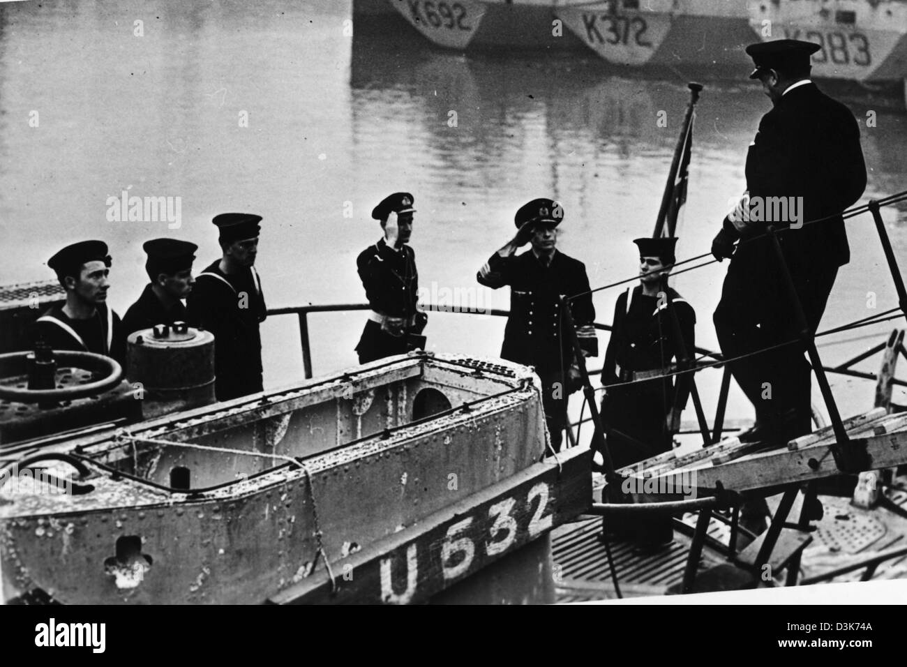 British sailors board a German submarine following surrender Stock ...