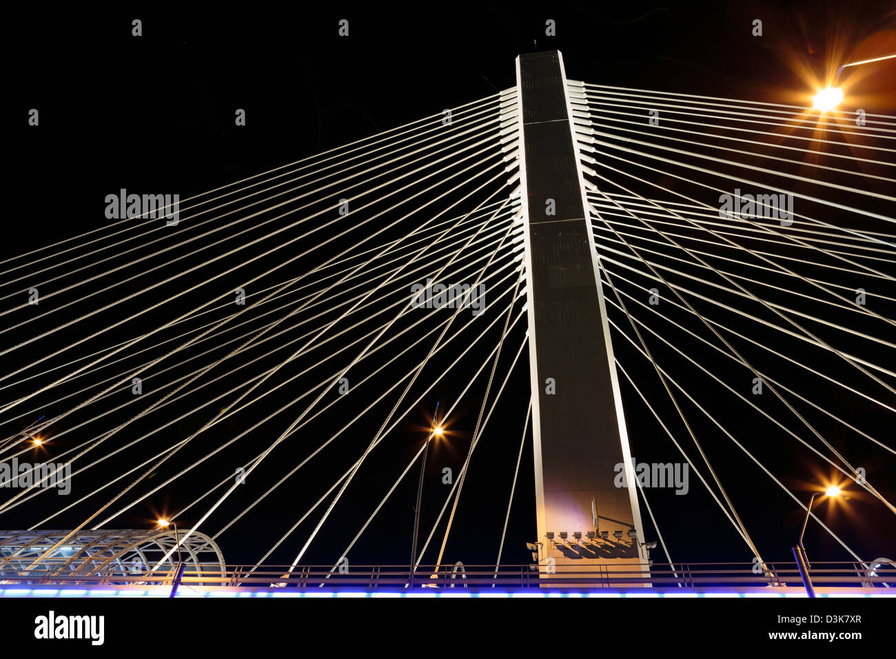 Detail of Basarab Overpass Bridge illuminated in the night, Bucharest ...