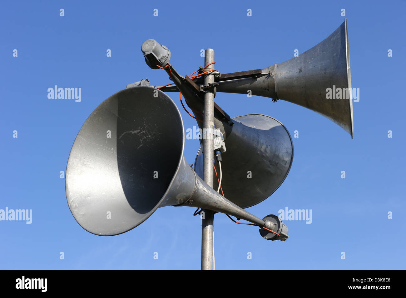 Three large Megaphones on pole Stock Photo - Alamy