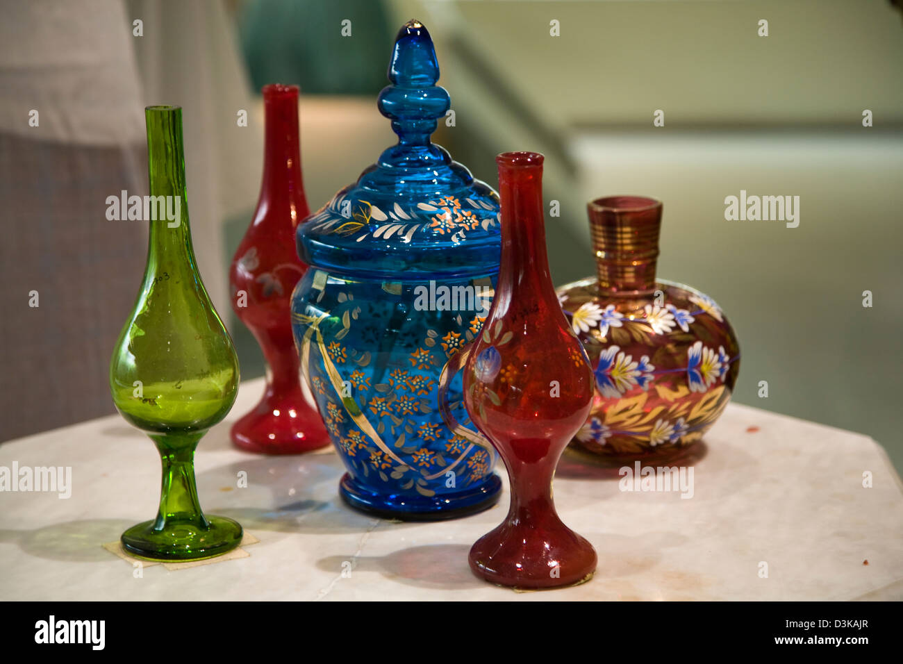 A display of antique hand-blown glass, Bahrain National Museum, Manama ...