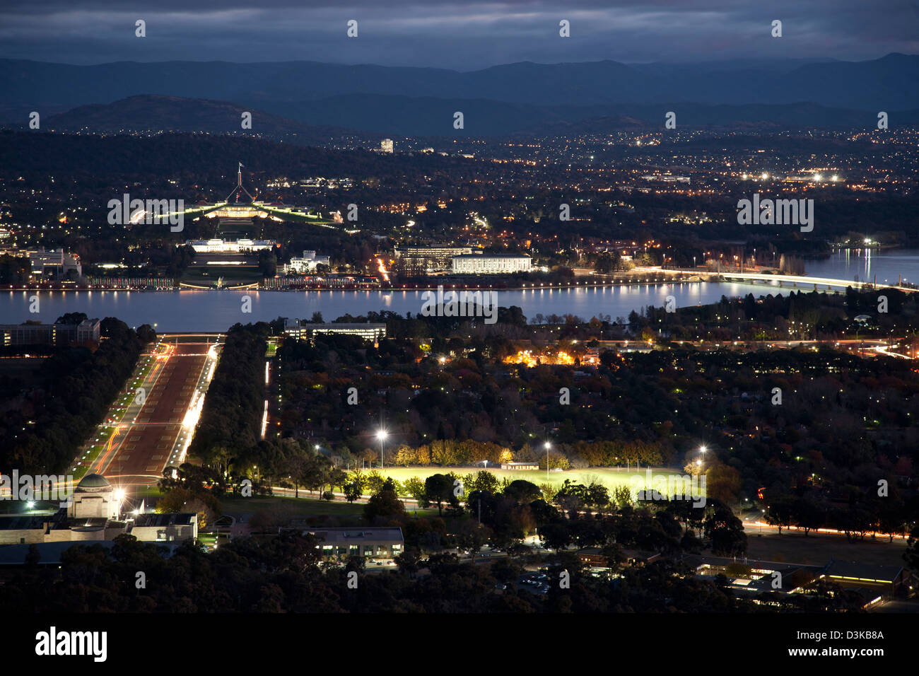 Twilight sunset over Canberra -Lake Burley Griffin, Anzac Parade ...